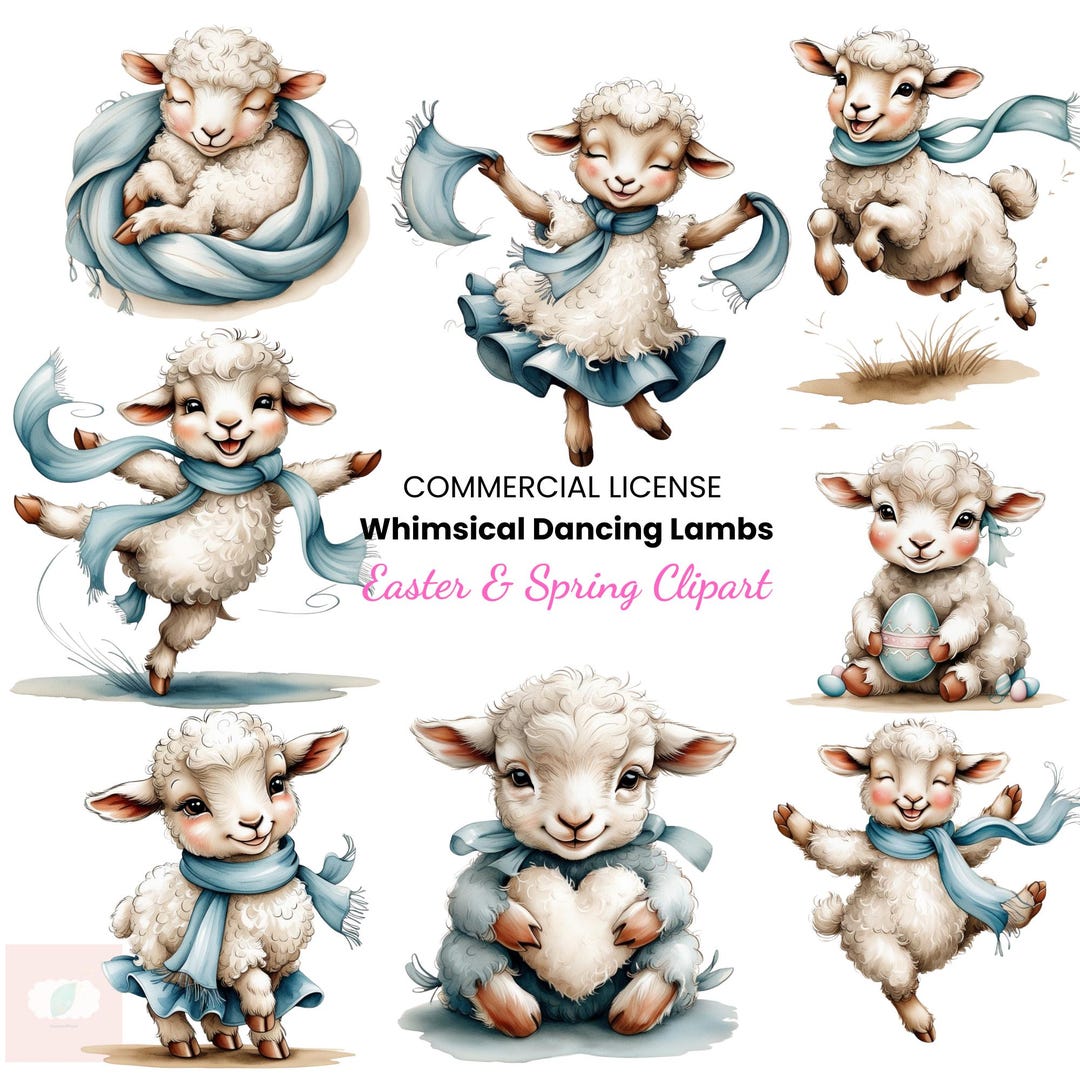 Whimsical Dancing Lamb Clipart Bundle-18 Pngs, Easter PNG, Spring, Farm ...