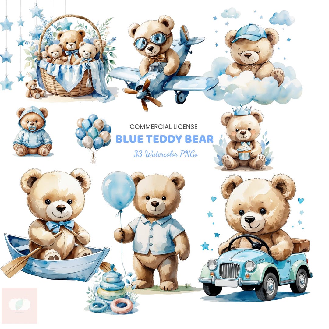 Blue Teddy Bear Baby Shower Clipart Bundle PNG 33, Teddy Bear PNG ...