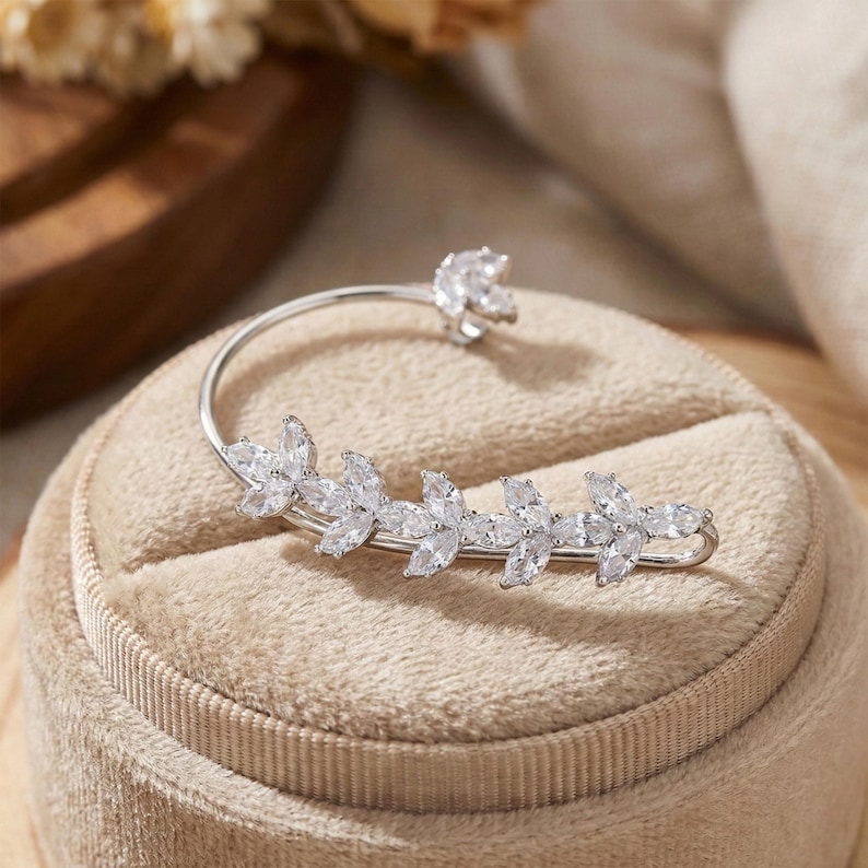 Luxury Right Left Ear Cuff, No Piercing CZ Floral Leaf Ear Wrap for ...