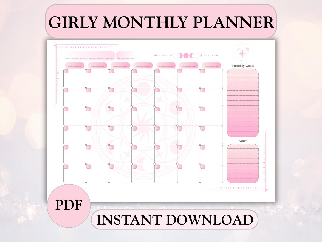 Girly Pink Monthly Planner Template, Undated, Printable PDF A4, Digital ...