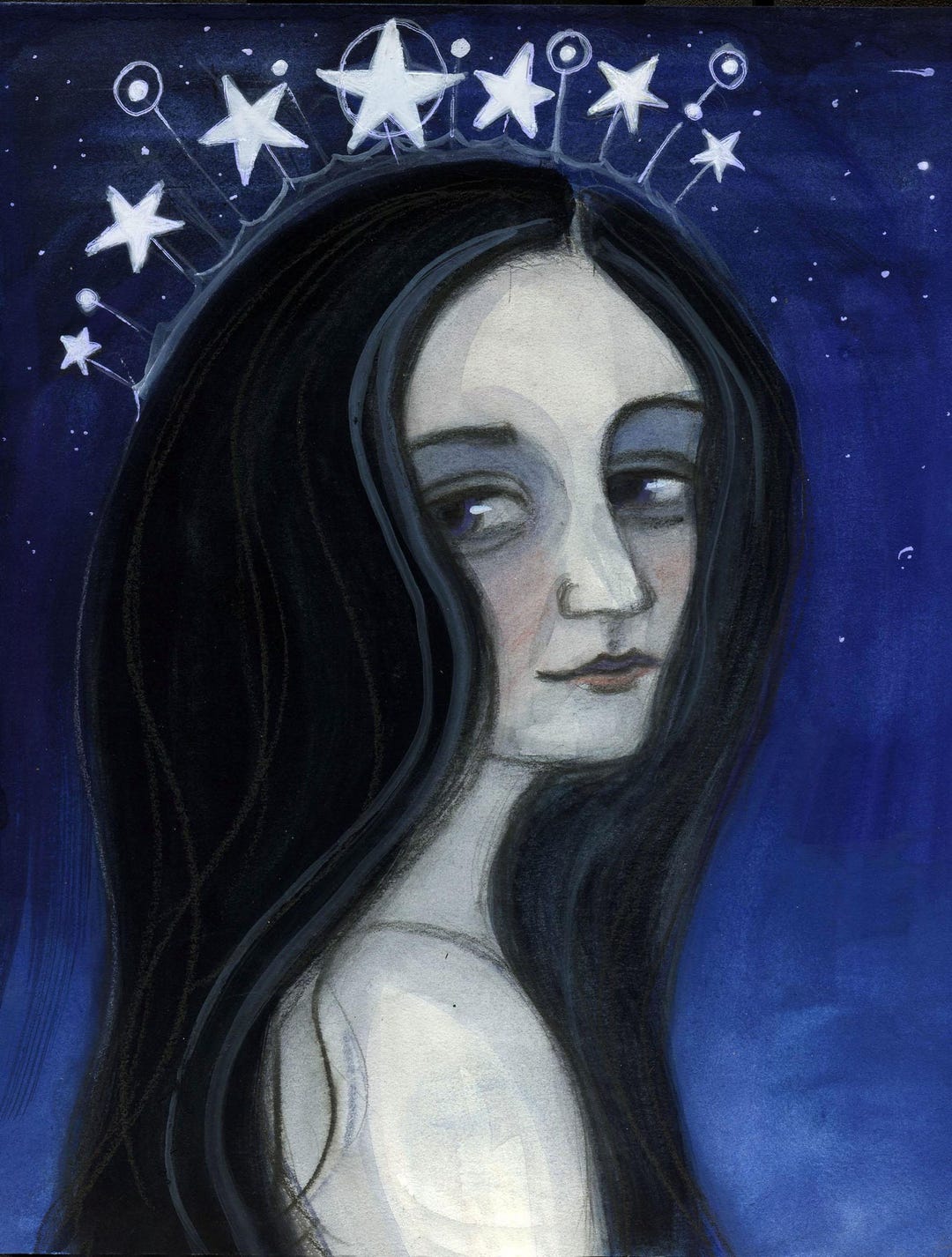 Celestial Star Woman Art Print, Night Sky Portrait With Crown of Stars ...