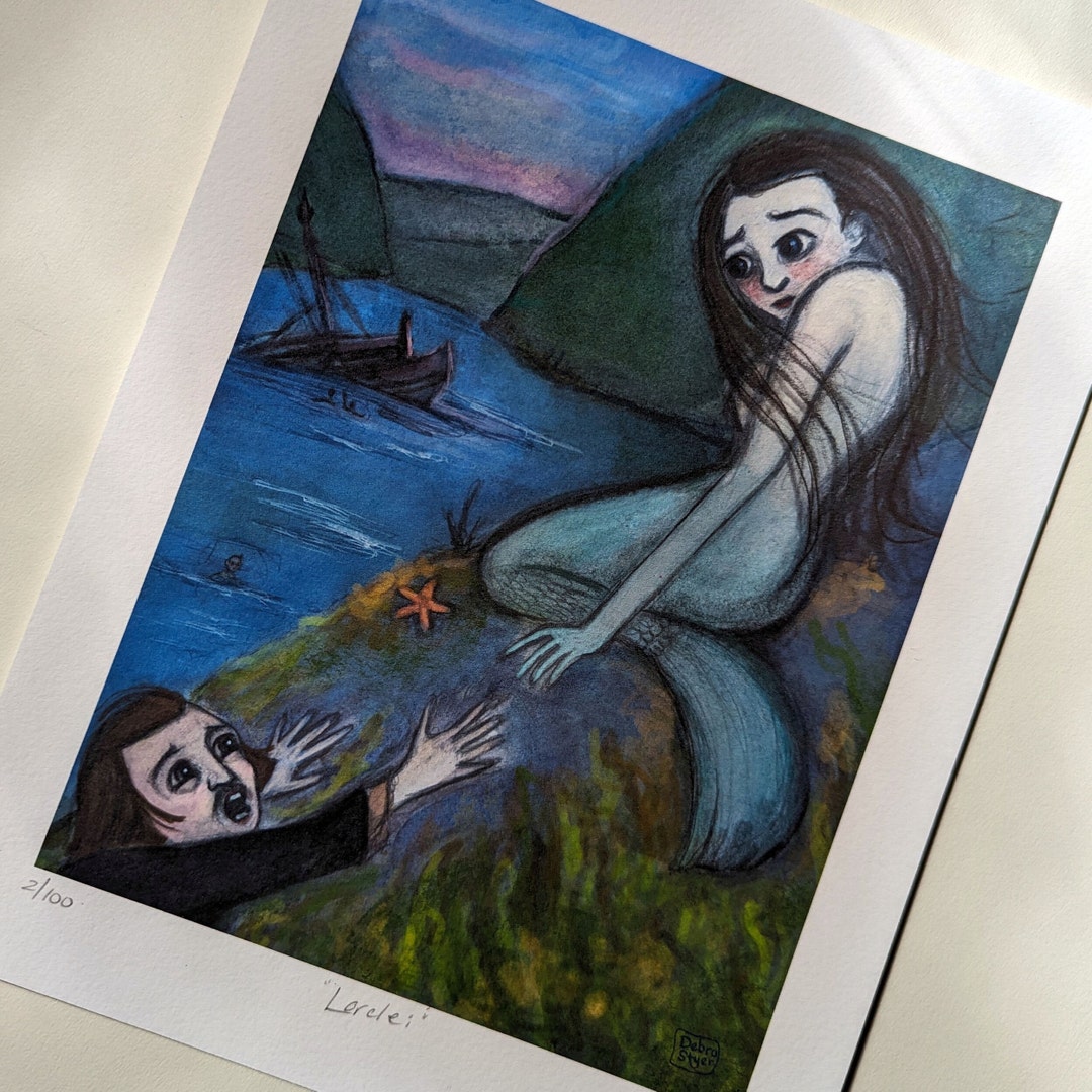 The Lorelei Art Print, German Folktale Illustration, 6x8 Mermaid ...