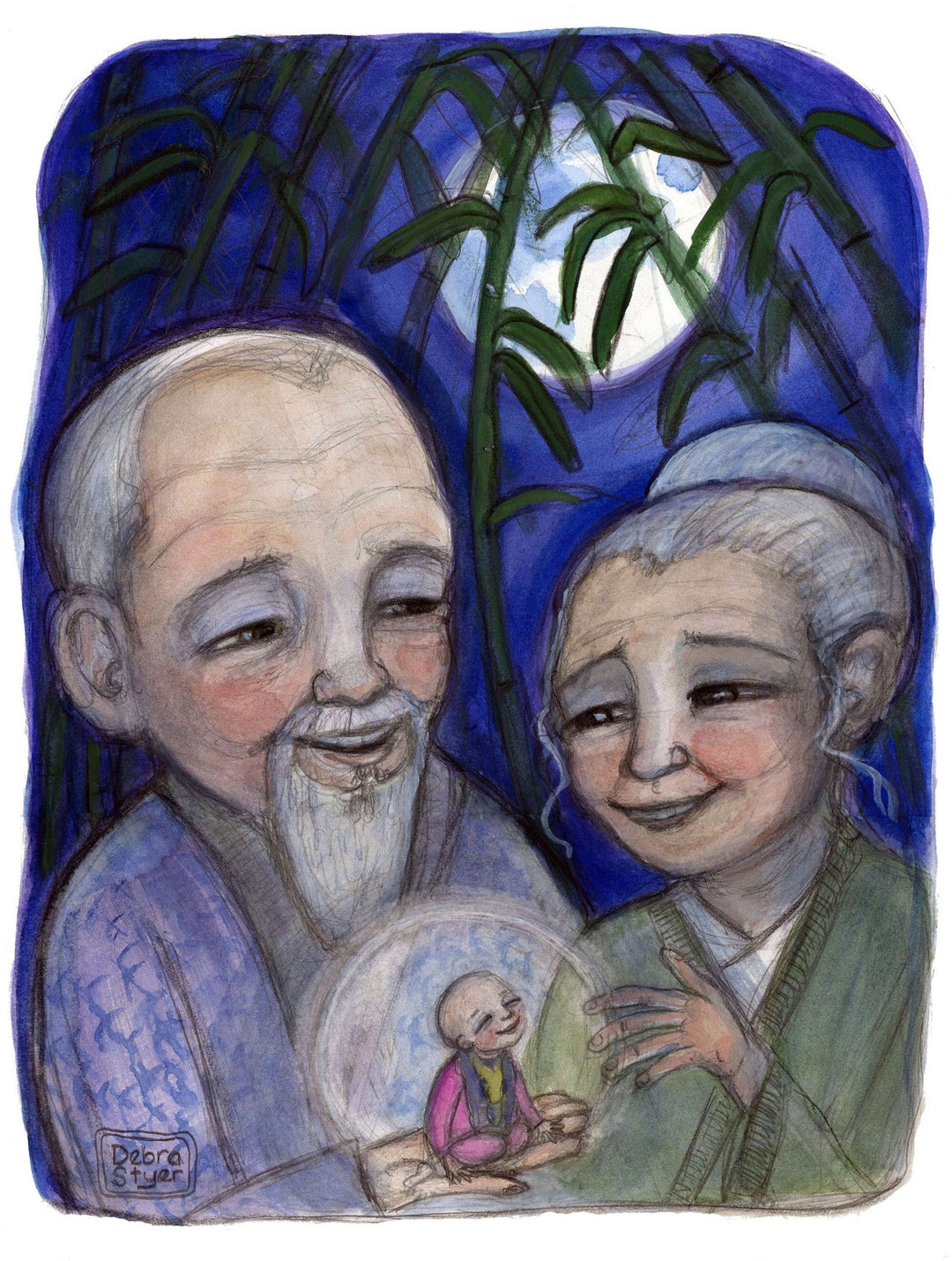 Japanese Folktale Art Print: Bamboo Cutter and Moon Child (6x8) Magic ...