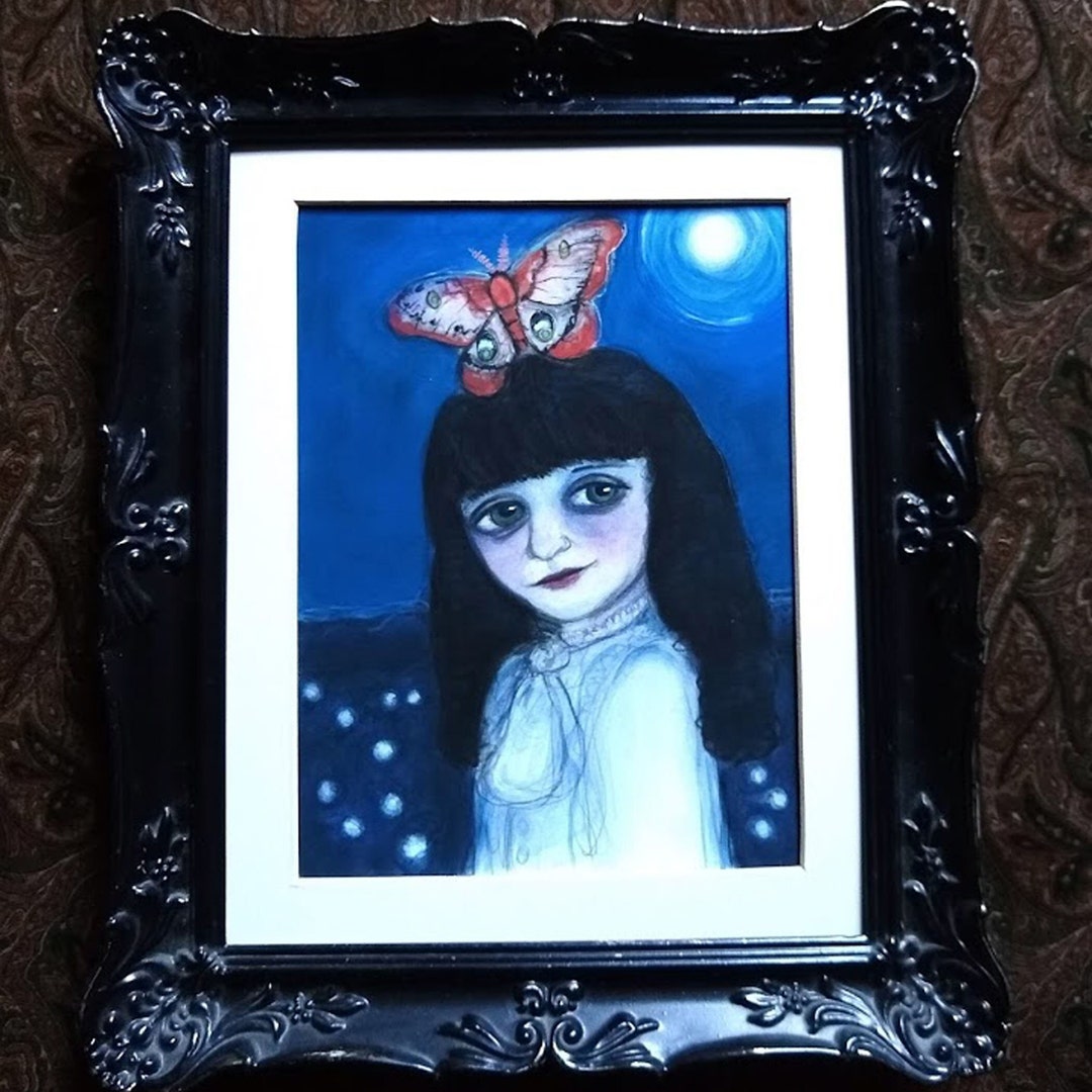 Girl With Moth Hair Bow, A Moth in the Moonlight Art Print, Surrealist ...