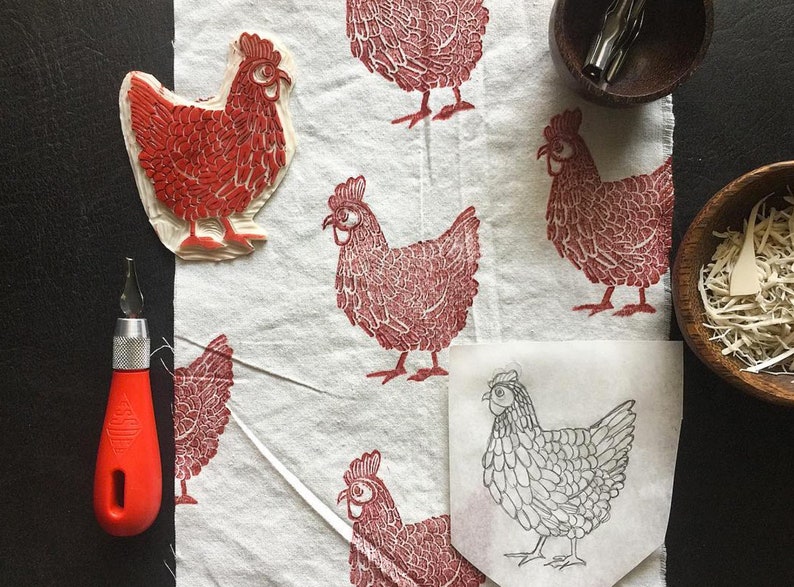 Rooster Linocut Print on Textile - Etsy