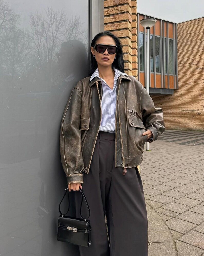 Vintage Distressed Leather Bomber Jacket - Women's Sheepskin Moto Coat Gift for Her - Etsy