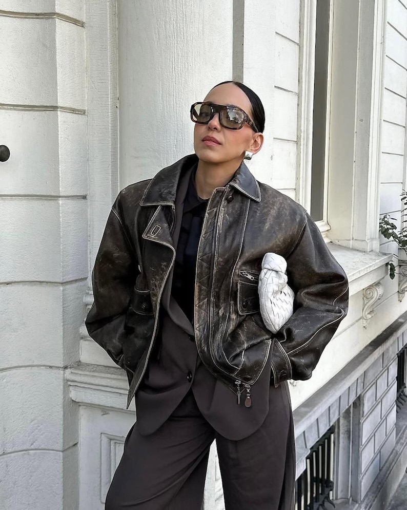 Vintage Distressed Leather Bomber Jacket - Women's Sheepskin Moto Coat Gift for Her - Etsy