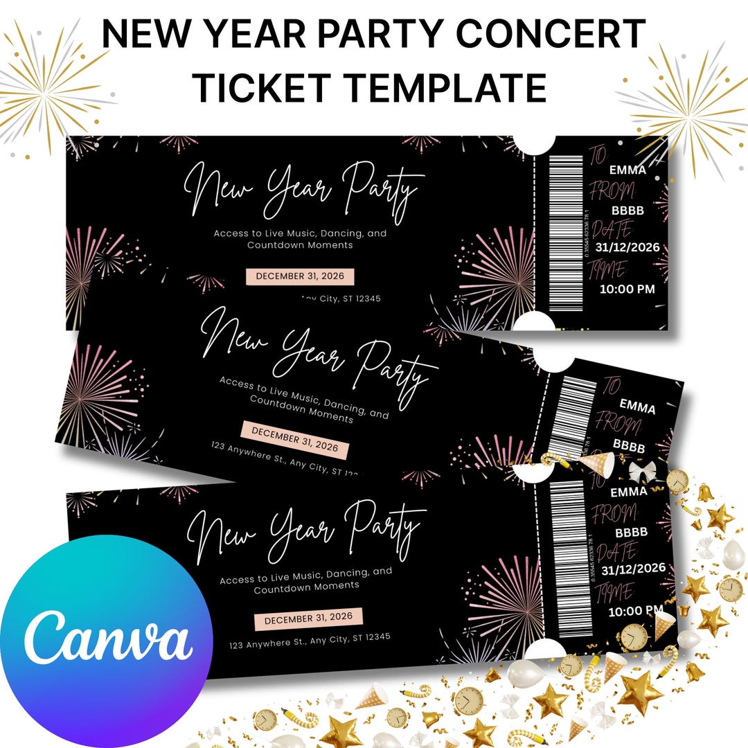 New Year Party 2026 Concert Ticket Template, Holiday Event 2026 Ticket ...