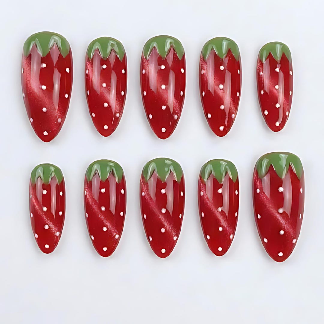 Handmade Strawberry Press on Nails, Reusable Ellipse Gel Nails - Etsy