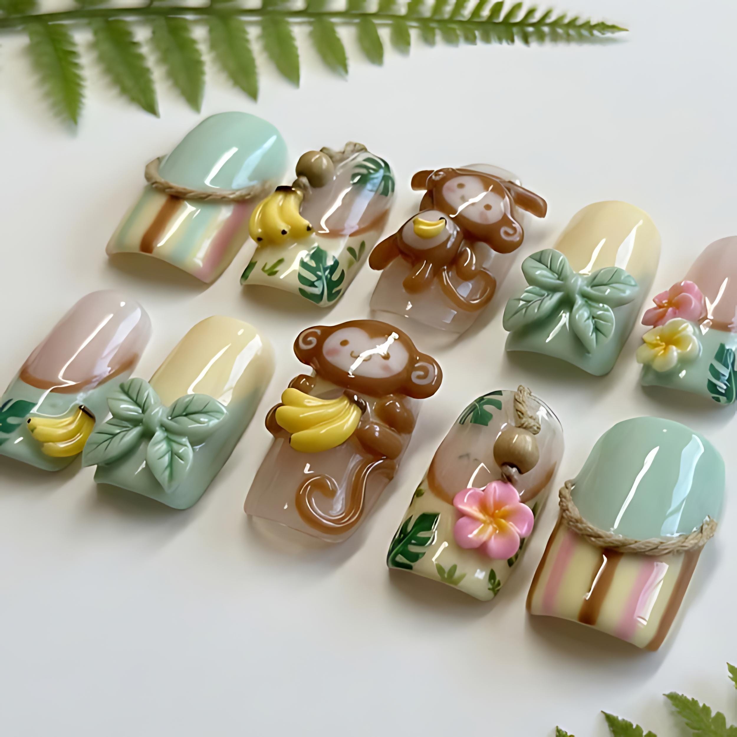 Kawaii Monkey Press on Nails: 3D Charms Monkey & Bow, Pastel Pink Polka ...