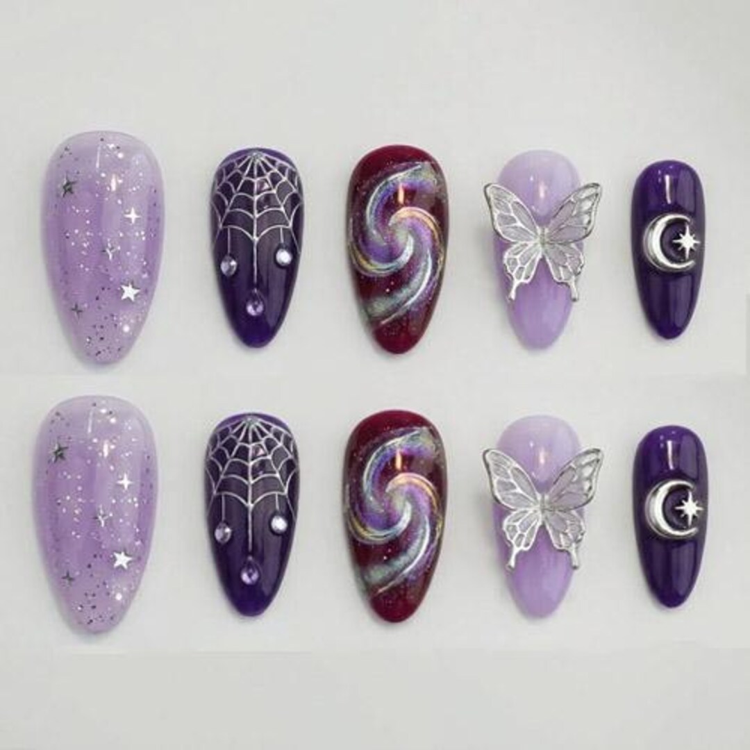 Purple Witchcore Celestial Press on Nails | Galaxy Moon Butterfly Nails ...