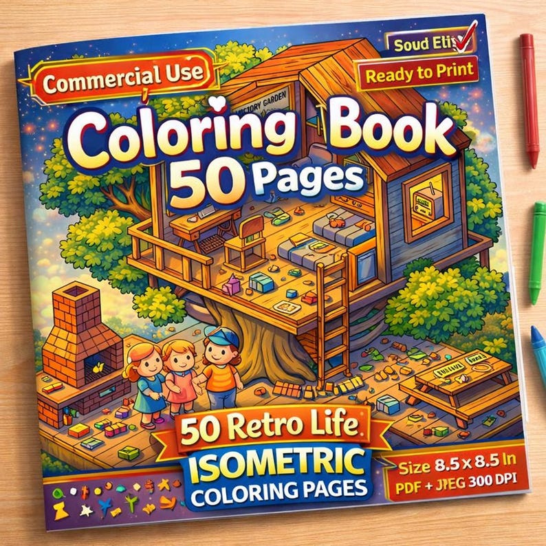 Retro Isometric Coloring Book | 50 Nostalgic Scenes (PDF & JPEG) - Etsy