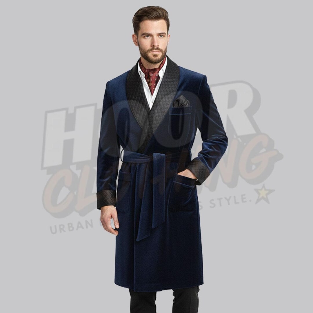 Smoking Jacket Navy Blue Velvet Gown - Quilted Long Coat Smoking Jacket ...
