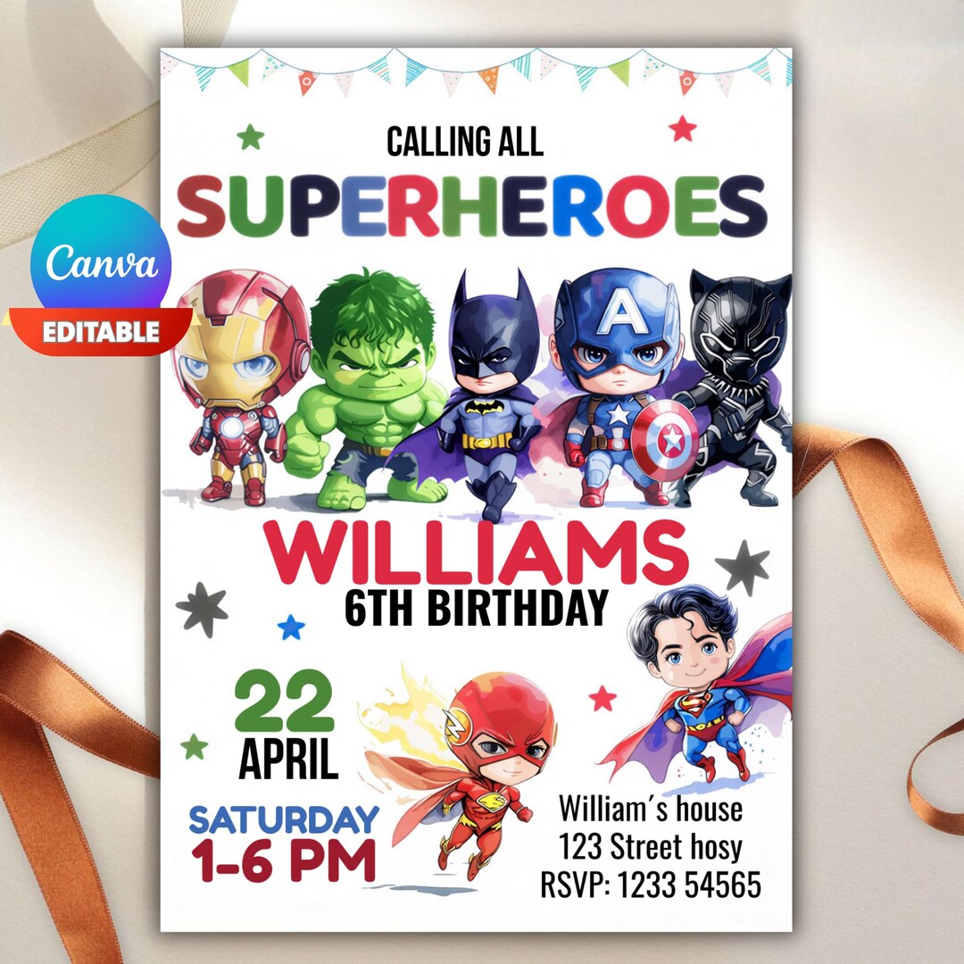 Editable Superheroes Birthday Invitation, Superhero Birthday Invite ...