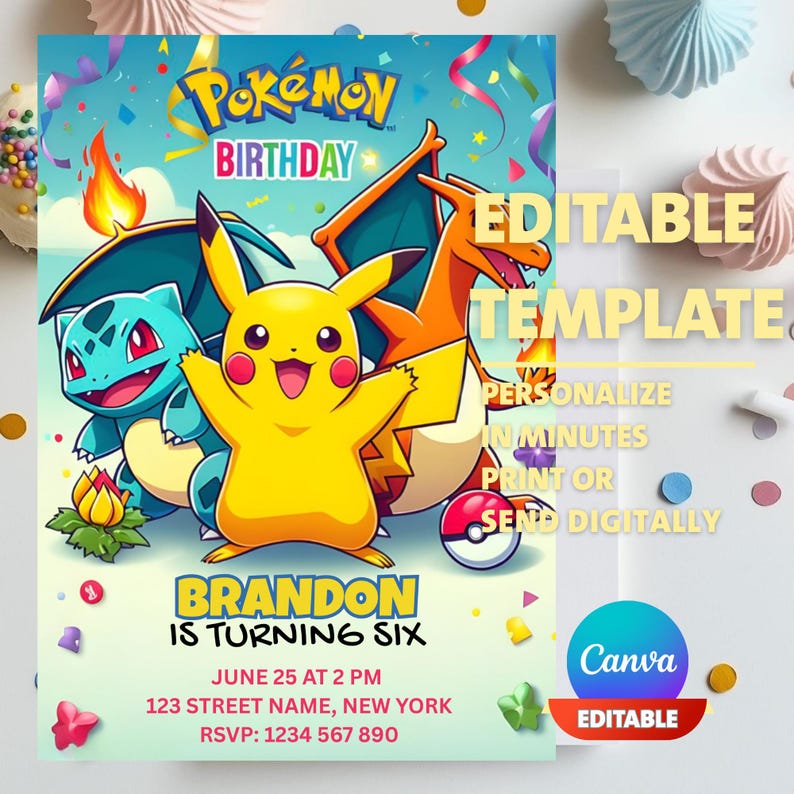 Pokemon Birthday Invitation Card | Editable Canva Template | Printable ...