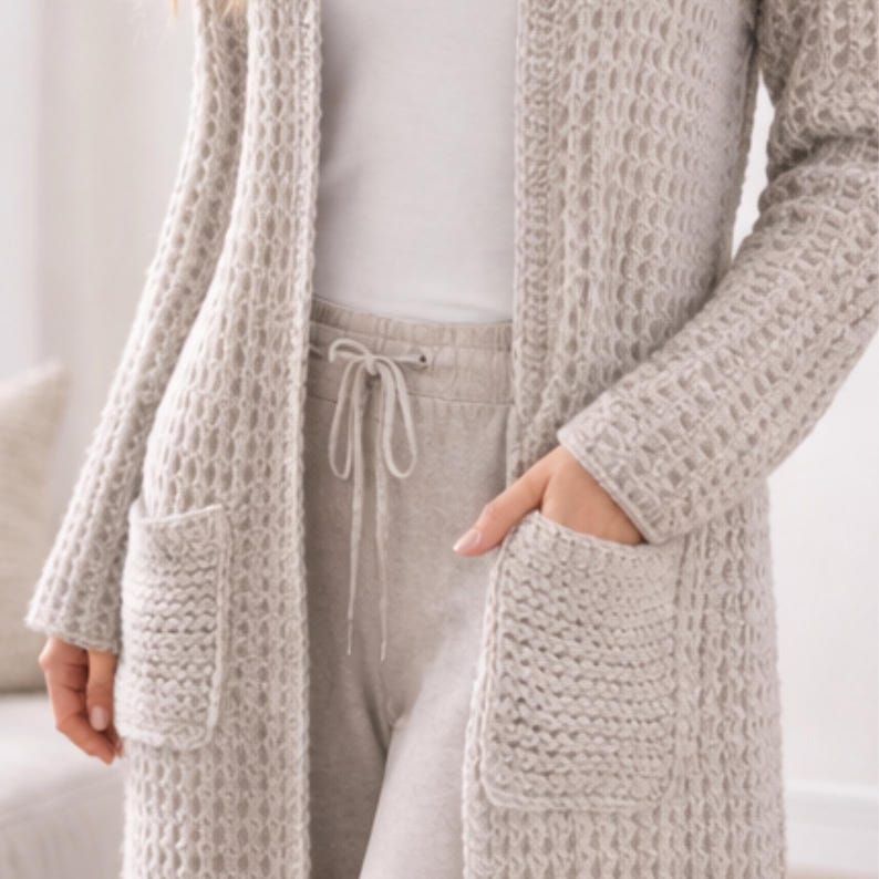 Waffle Stitch Knit Cardigan Pattern | Easy Duster, Beginner Friendly ...