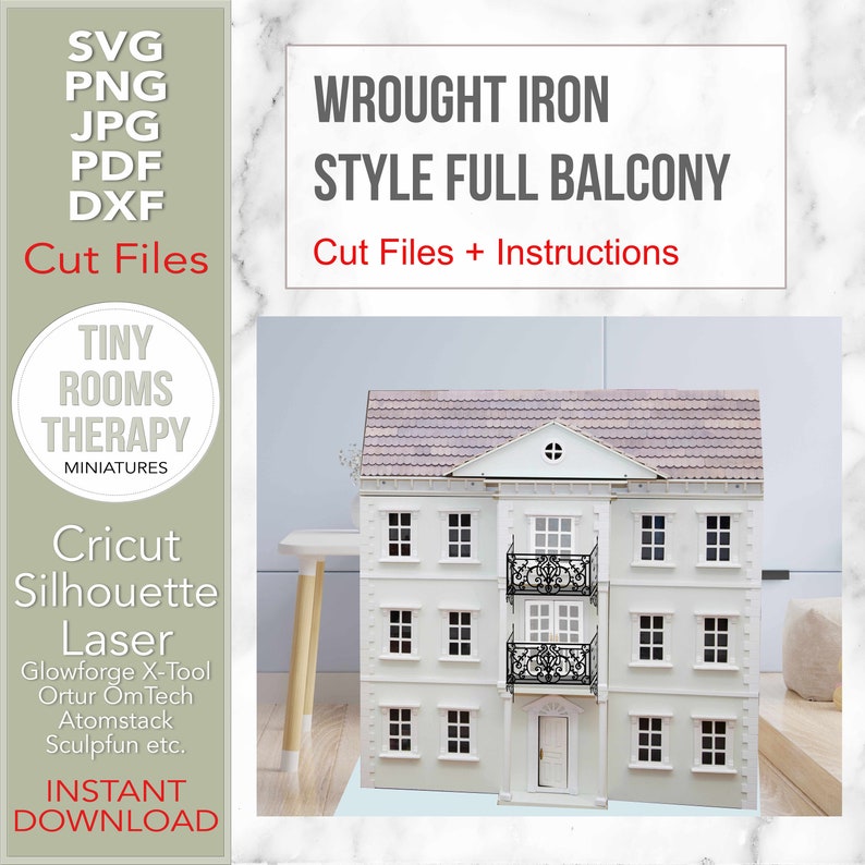 Wrought Iron Style Full Dollhouse Balcony – SVG PDF PNG Cut Files for ...