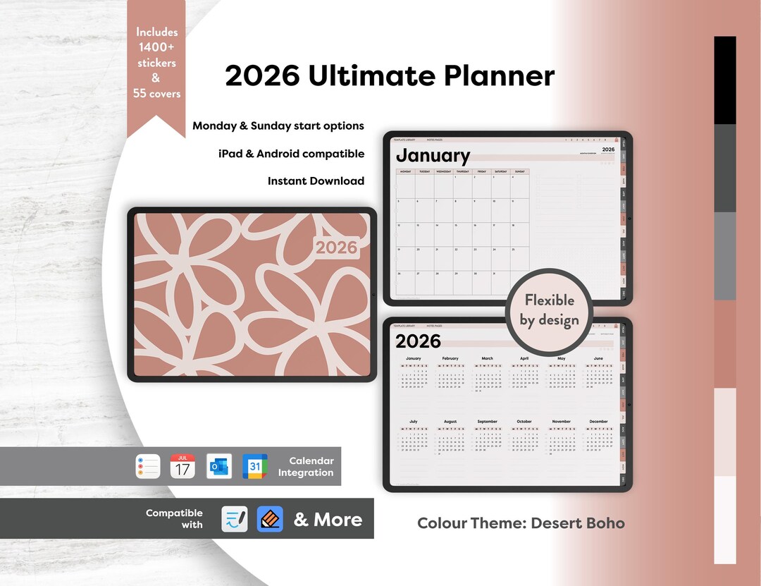 2026 Boho Digital Planner Horizontal | Hyperlinked Dated/daily/weekly ...