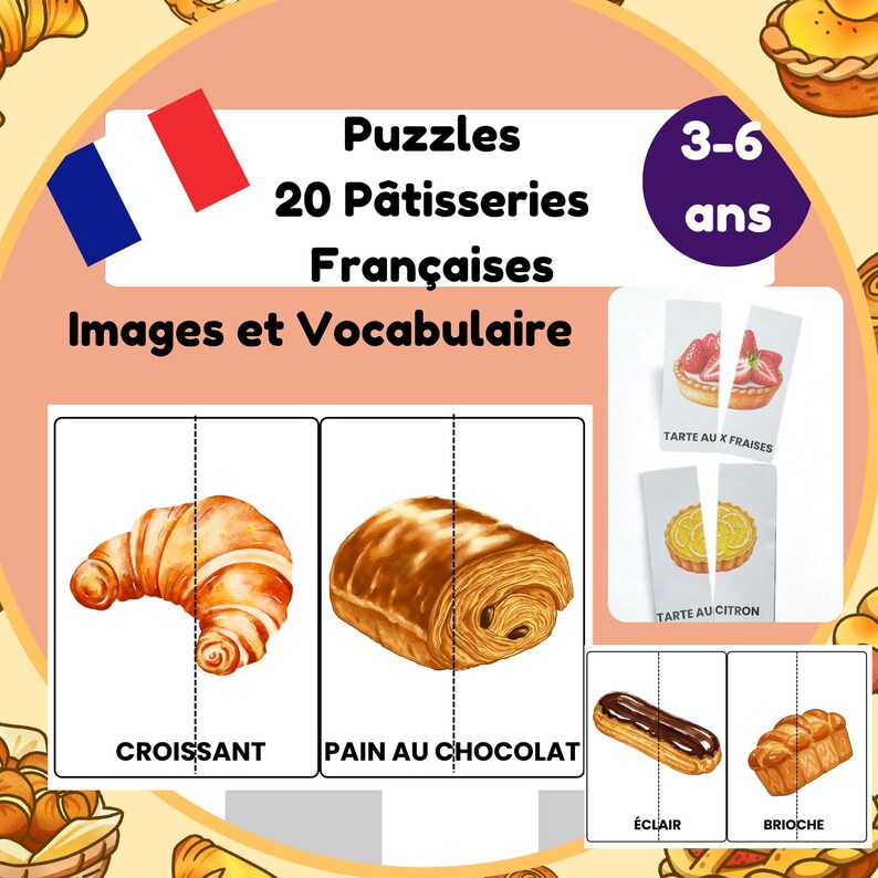 20 French Pastry Puzzles – Printable Educational Games | Preschool ...