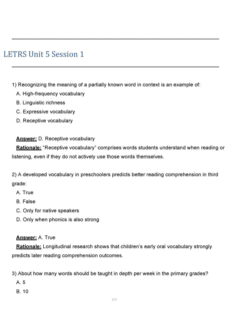 2025 LETRS Unit 5 Session 1–6 + Assessment – Actual Q&A – Vocabulary ...