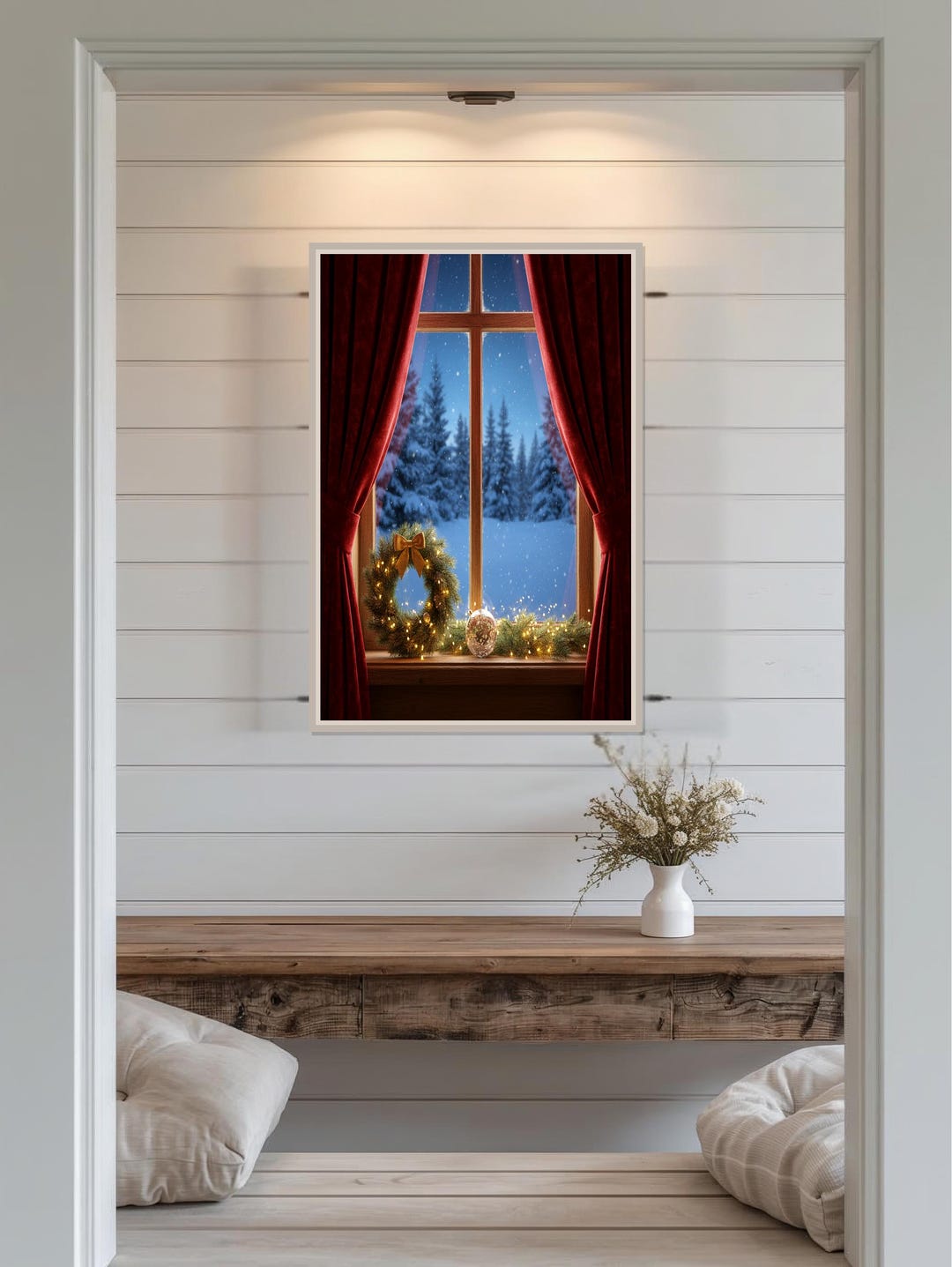 Cozy Christmas Window View - Cabin in Snowy Woods - Festive Wreath ...