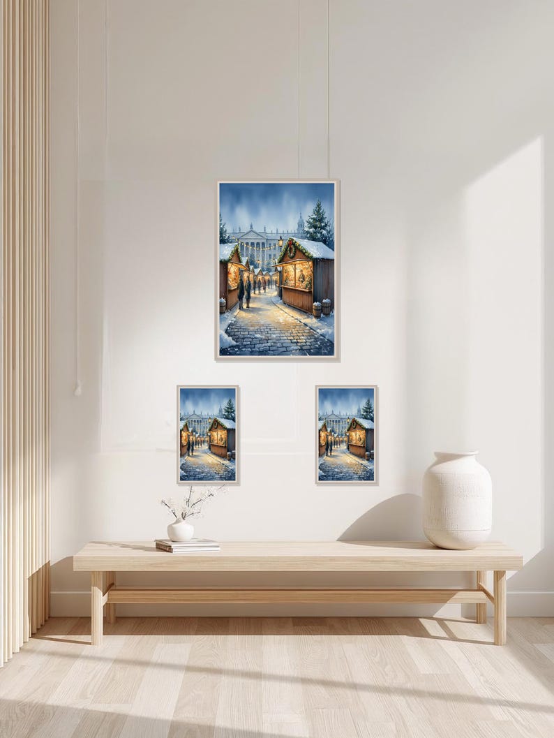 Watercolor Christmas Market Painting - Snowy Warm Winter Village Wall ...