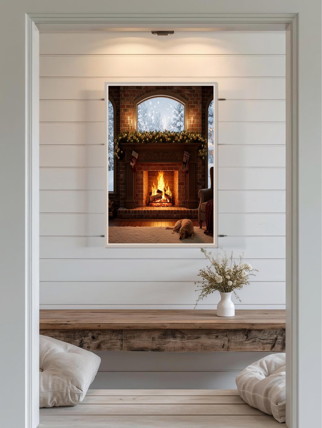 Christmas Eve Fireplace Scene - Hyperreal Fire - Holiday Wall Art ...