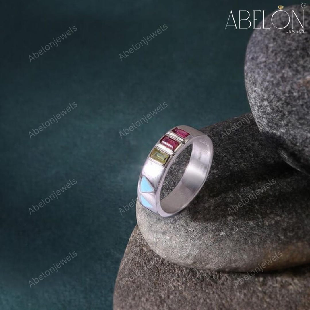 Sterling Silver Multi Stone Band Ring | Enamel Inlay - Etsy