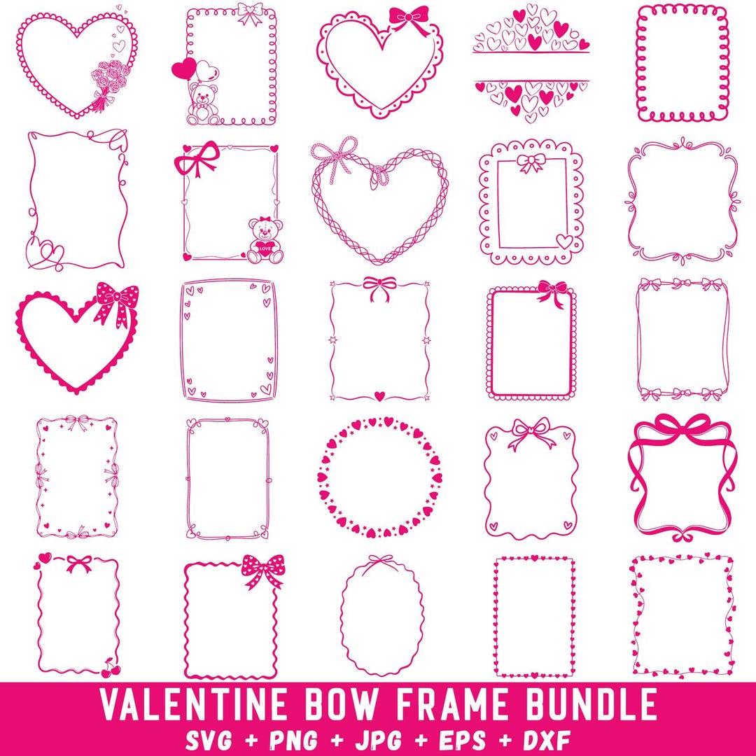 Valentine Heart Frame Clipart Bundle, Bow Border, Romantic Design (svg ...