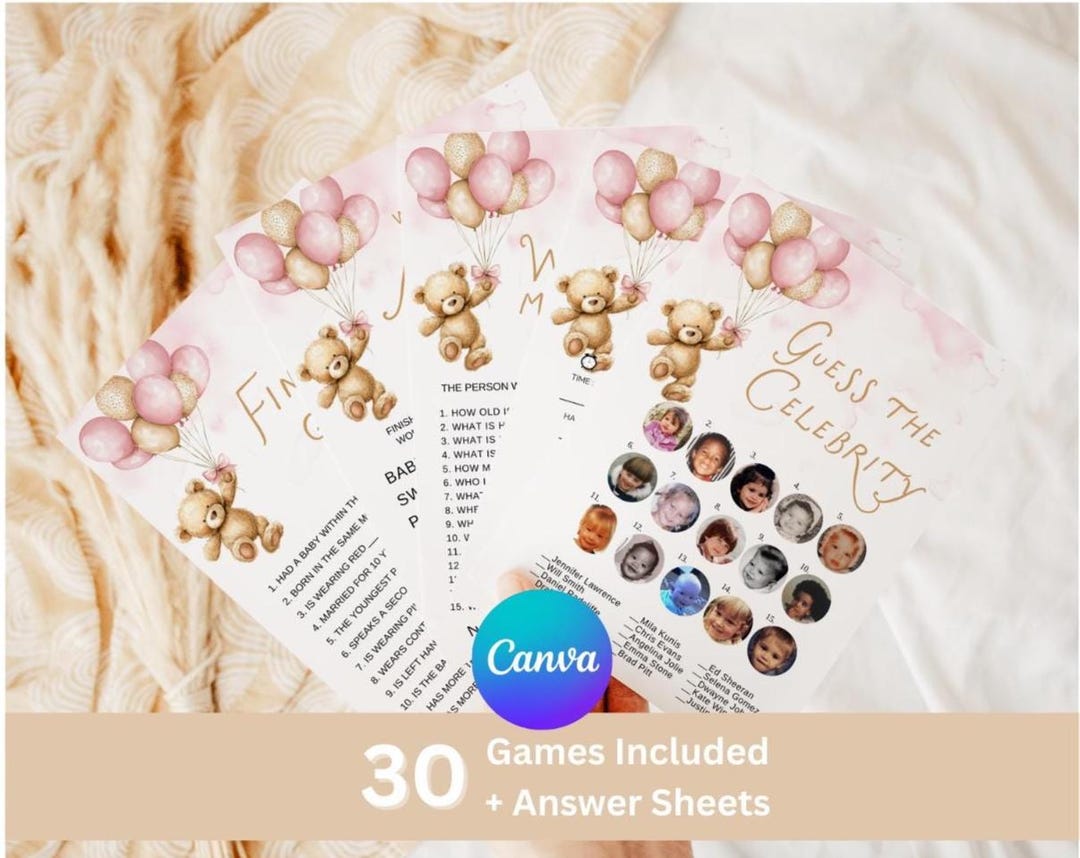 Pink Teddy Bear Baby Shower Games Bundle-girl Balloon Teddy Bear Baby ...