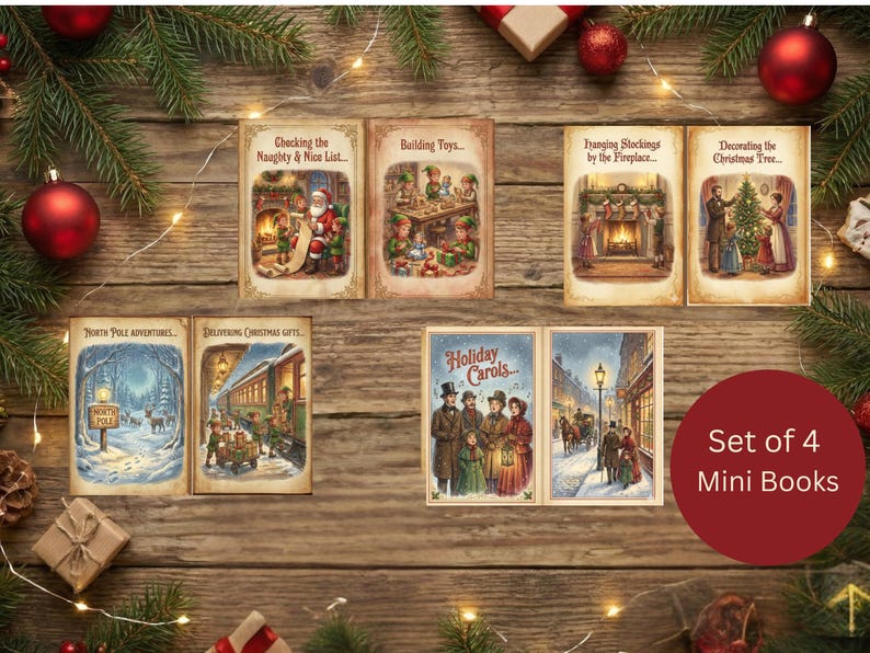 Printable Vintage Christmas Mini Book Set, Dollhouse Library (digital ...