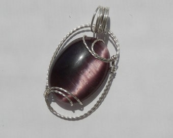 Wire Wrapped Dark Purple Glass Cats Eye Pendant With Swarovski - Etsy