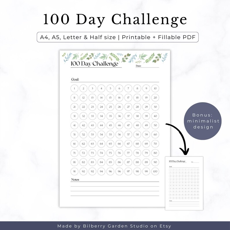 100 Day Challenge | Printable & Fillable PDF | Habit Tracker, Progress ...