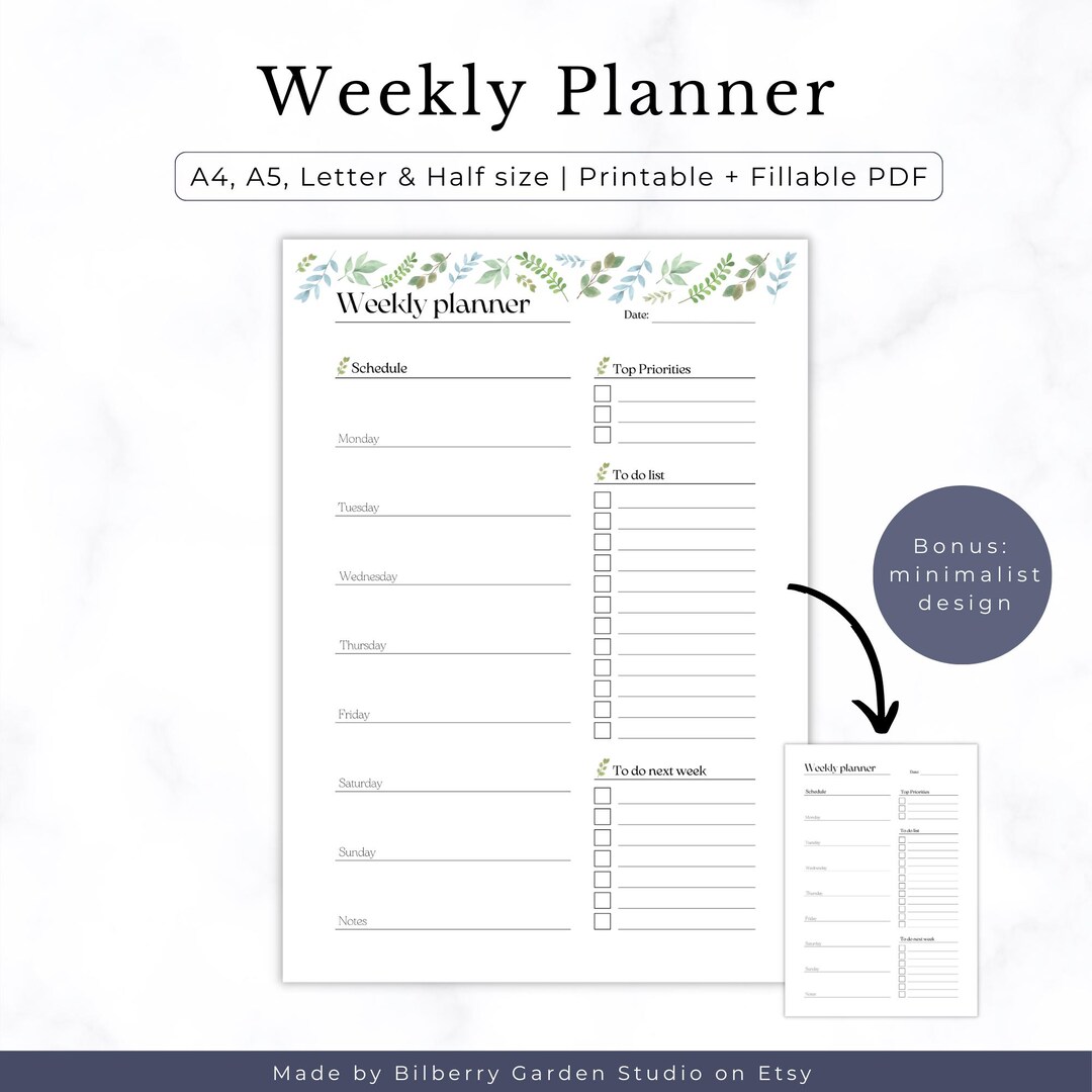 Watercolor Leaves Weekly Planner Printable | Undated Schedule (A4 A5 US ...
