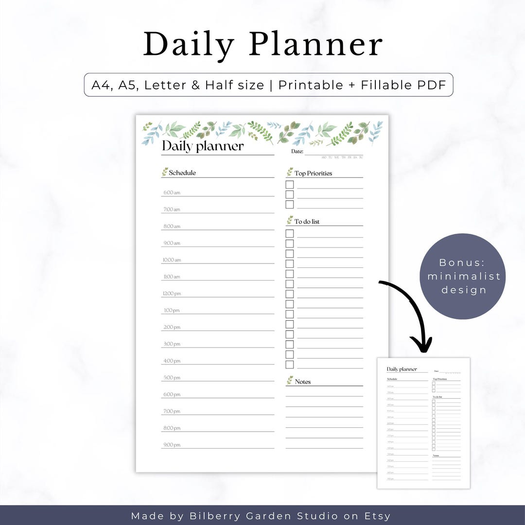 Watercolor Leaves Daily Planner, Hourly Schedule, Fillable PDF (a4/a5 ...