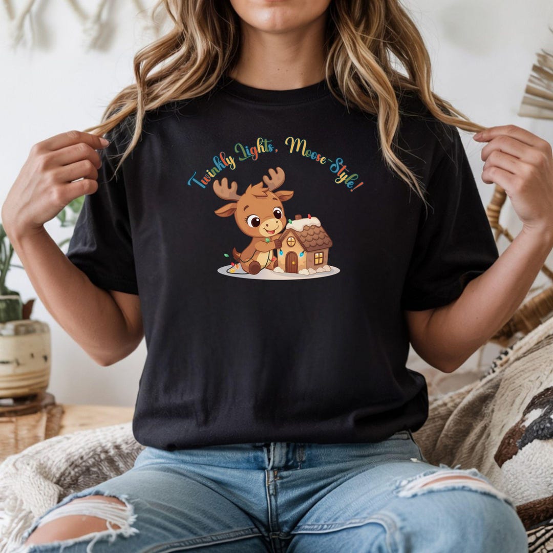 Baby Moose Decorating Gingerbread House With Twinkly Lights Christmas ...