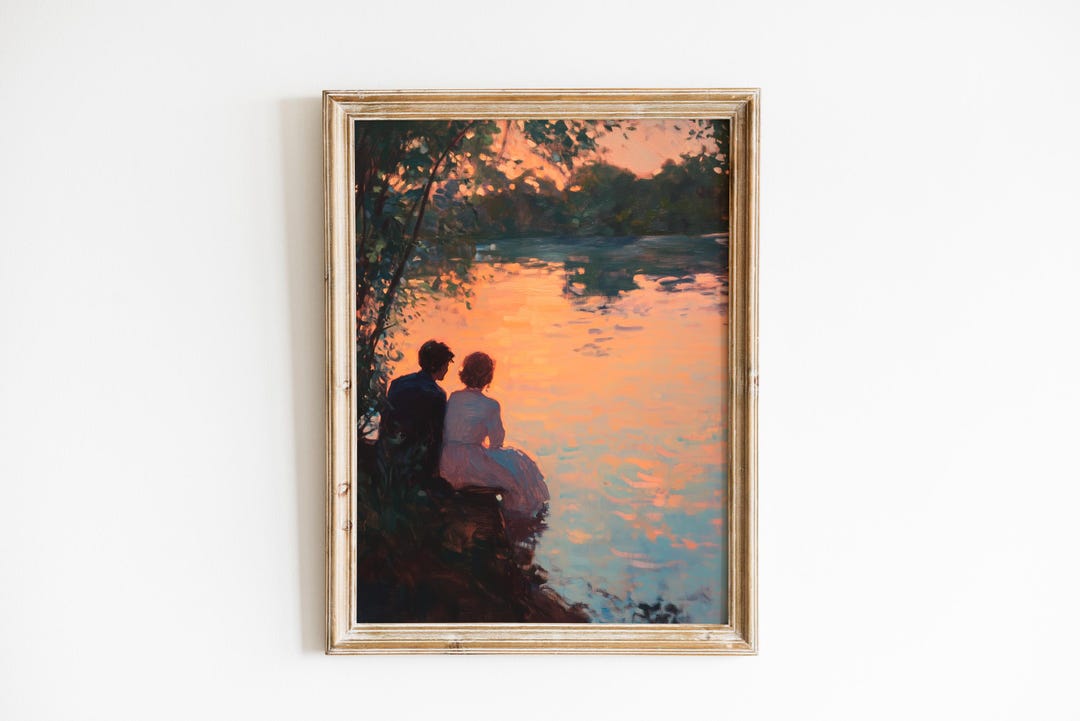 Serene Printable Lakeshore Scene - Cozy Sunset Painting, Romantic ...
