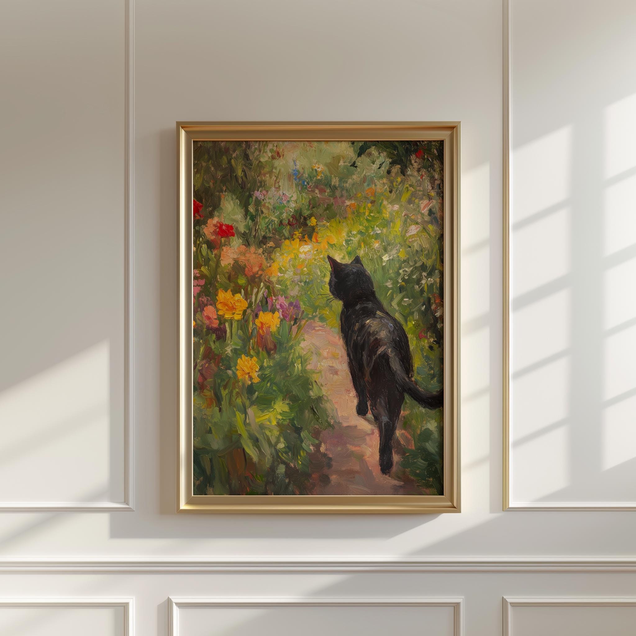 Cottagecore Black Cat in Vintage Garden - Printable Impressionist Wall ...