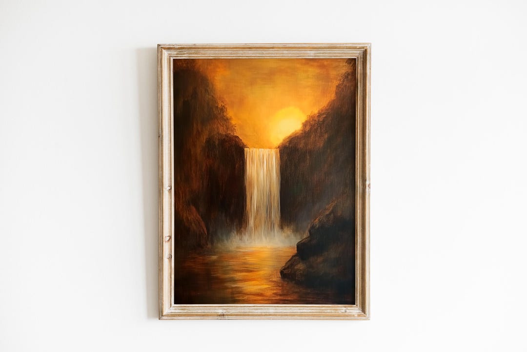 Moody Waterfall Glow Landscape - Dramatic Sunset Pool, Golden-hour ...