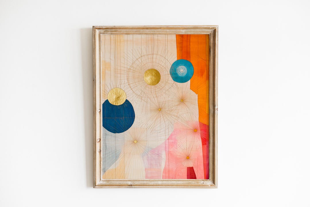 Modern Stitched Art, Abstract Mapping - Gold Accent Textile With ...
