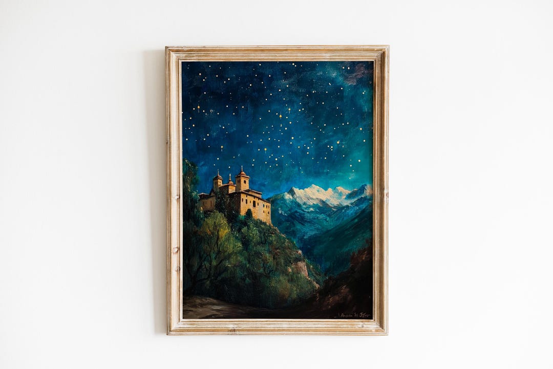 Printable Gothic Hilltop Monastery at Night - Moody Romantic Nightscape ...