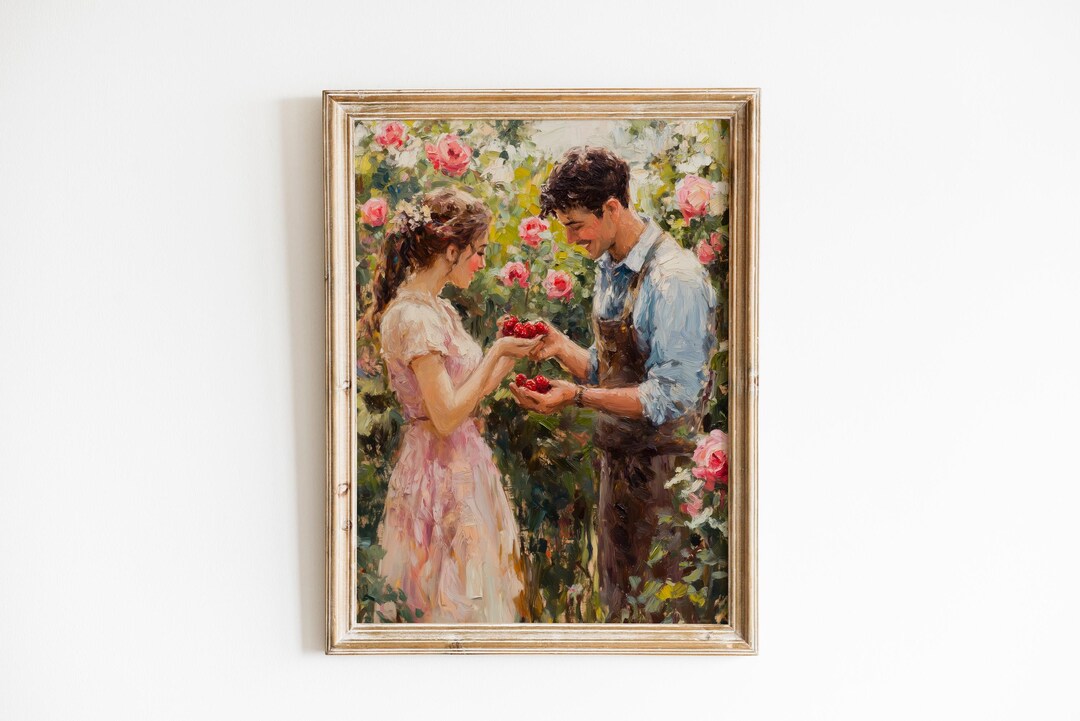 Romantic Couple in Rose Garden Painting - Vintage Cottagecore Love ...