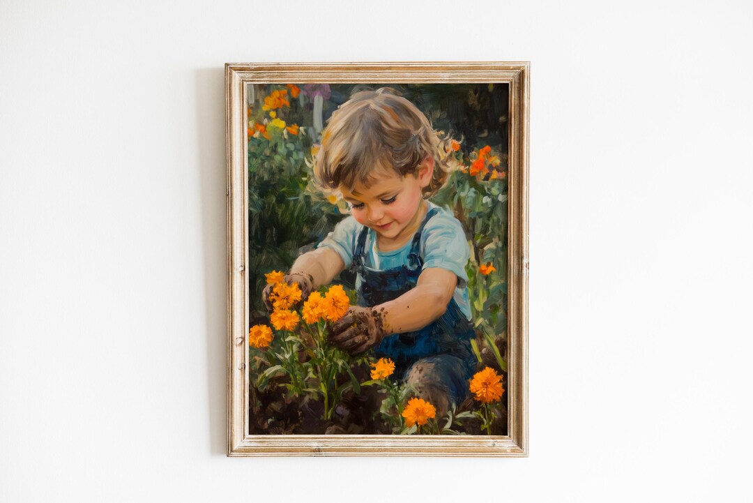 Rustic Cottagecore Child Planting Marigolds - Vintage Cozy Garden Scene ...
