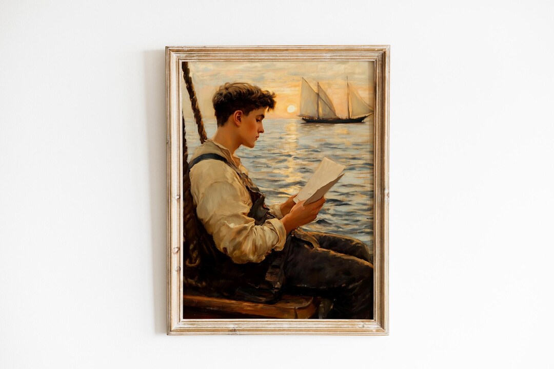 Vintage Young Sailor Reading a Letter on Ship Deck - Romantic Coastal ...
