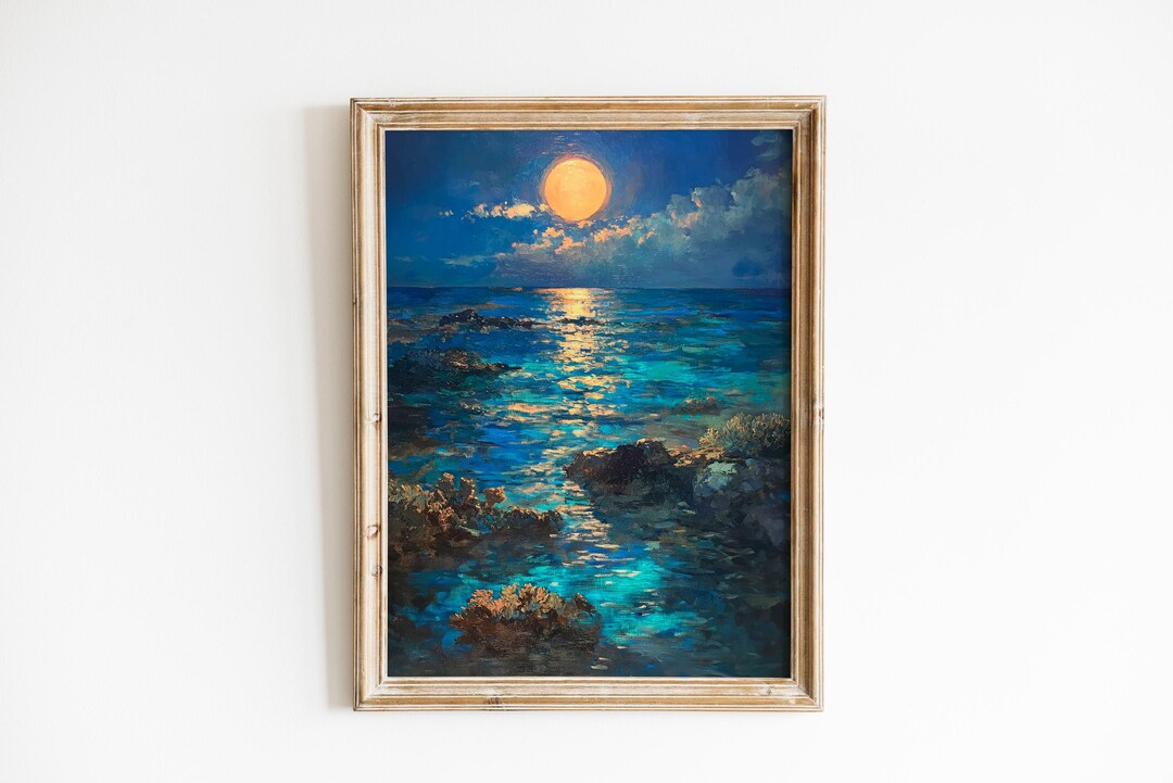 Moody Moonlit Coral Seascape - Printable Coastal Night Art, Serene ...