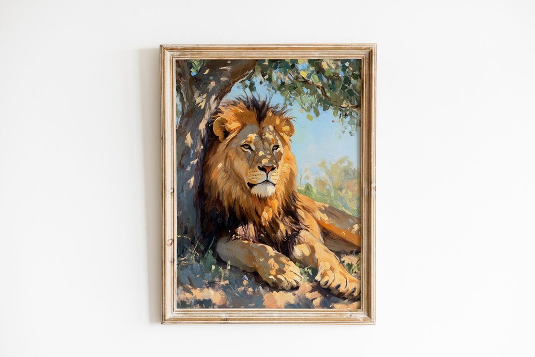 Majestic Lion Resting Under Acacia - Rustic Safari Wildlife Art, Earthy ...
