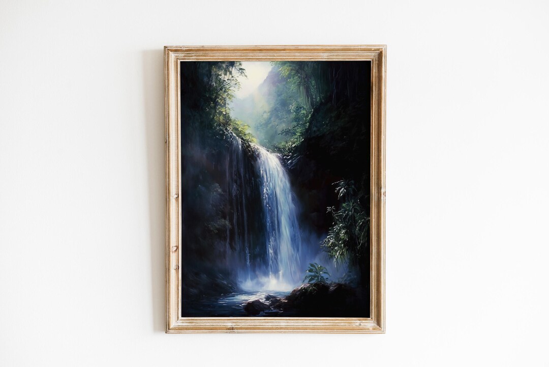 Moody Waterfall in Jungle Cliffs - Printable Tropical Landscape ...