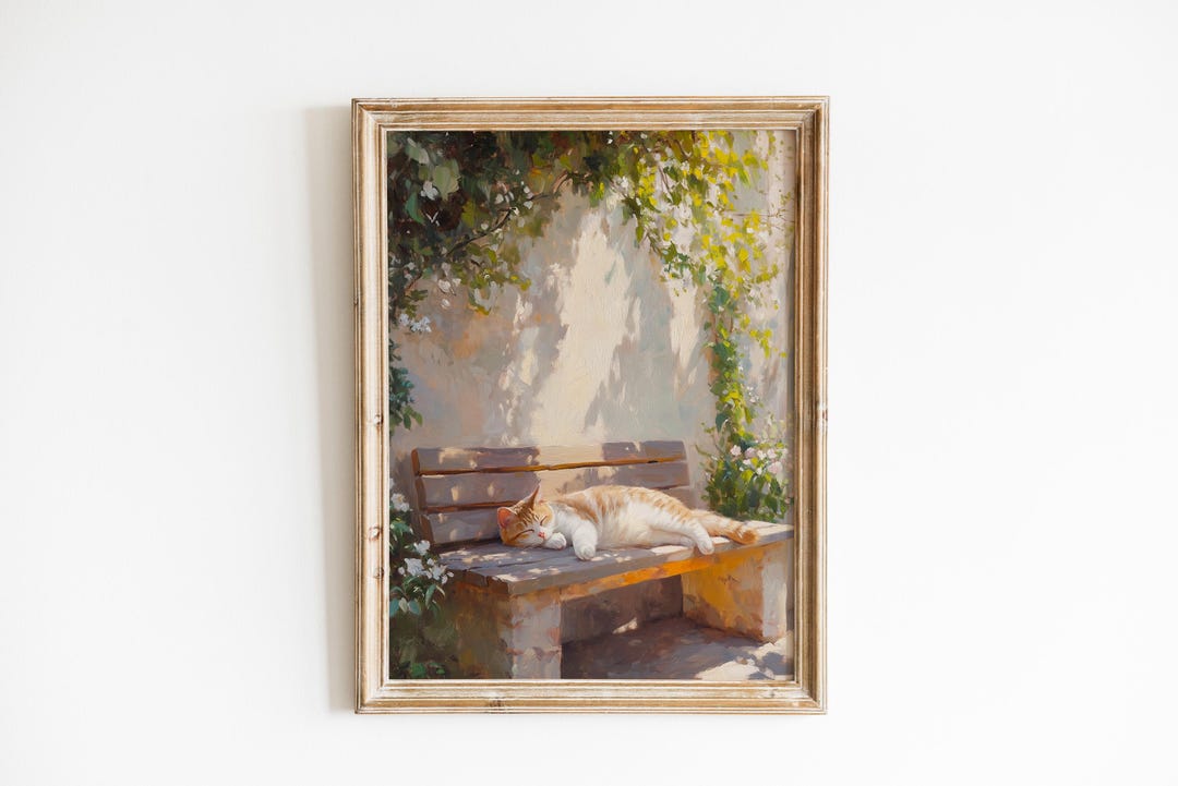 Cottagecore Cat on Sunlit Bench Painting - Cozy Rustic Scene, Sleeping ...