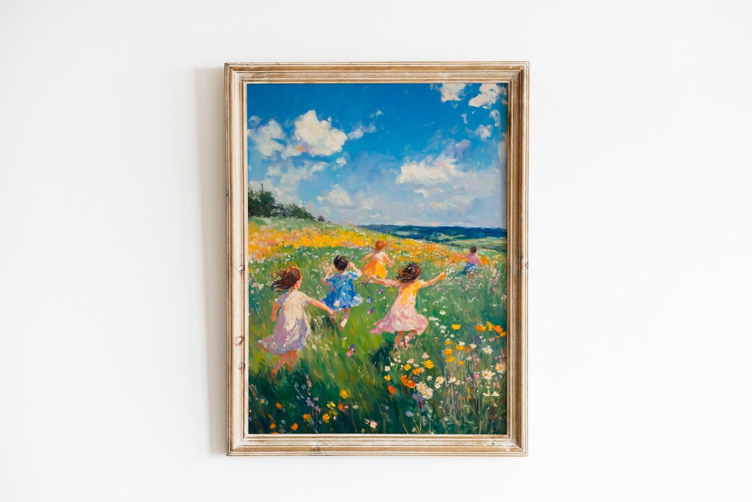 Cottagecore Wildflower Meadow Print - Playful Children Chasing ...