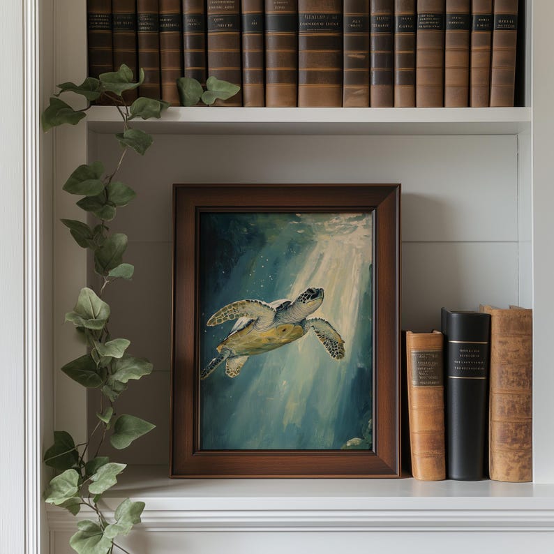 Printable Sea Turtle Painting With Sunbeams - Serene Coastal Wall Art ...